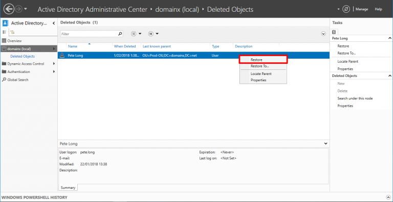 Windows Server 2016: Active Directory Recycle Bin | PeteNetLive