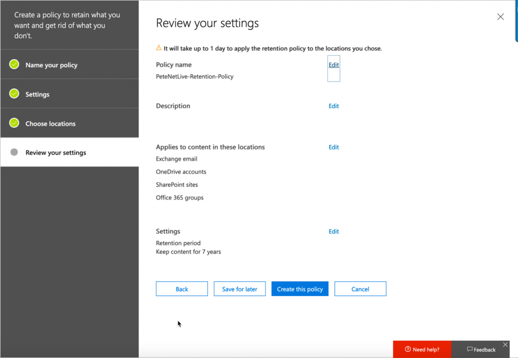 Office 365 Retention Policies | PeteNetLive