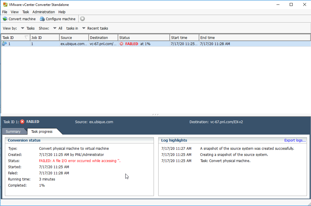 VMware Converter ‘A file I/O Error Occurred’ VMware Converter ‘A file I/O Error Occurred’